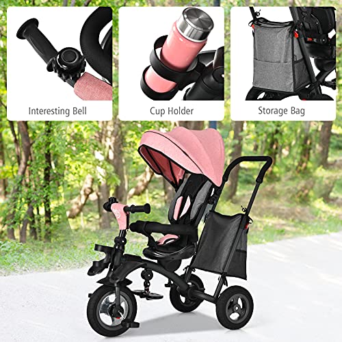 BABY JOY Toddler Tricycle, 7 in 1 Folding Steer Trike w/Rotatable Seat, Adjustable Canopy, Push Handle, Guardrail, Safety Harness, Brakes, Cup Holder & Storage, Tricycle for Toddlers Ages 1.5-5 (Pink)
