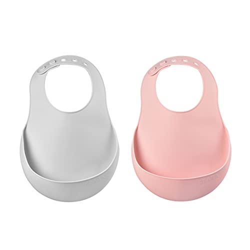 BEABA Silicone Baby Bib, Made with Soft Supple Silicone, Bibs with Food Catcher, Essentials for Baby Feeding, 2 Pack, Rose/Cloud