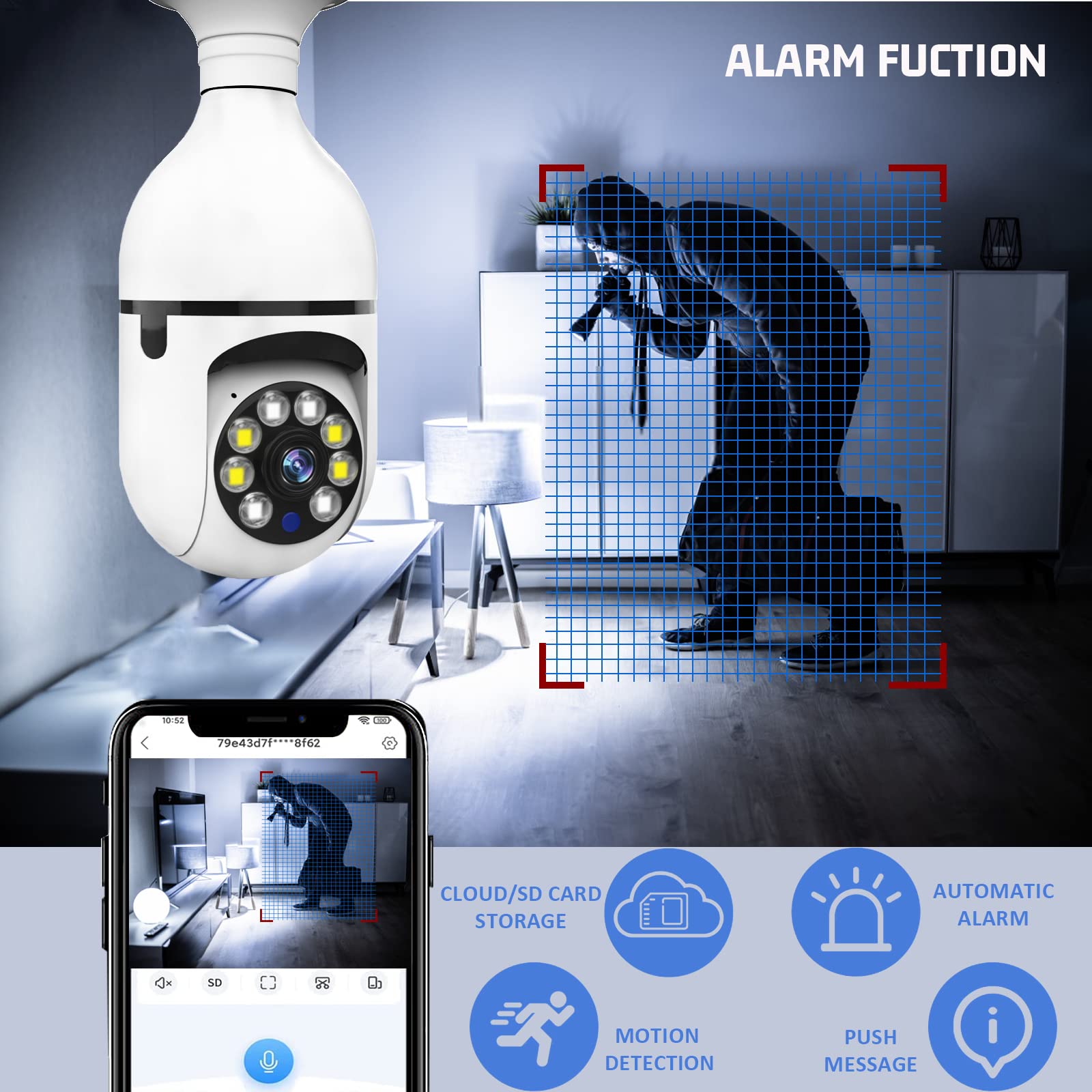 1080P Light Bulb Camera - 360 Degree Security Camera Wireless Outdoor & Indoor - Wifi Home Camera with APP for Phone - Light Socket Monitor with Motion Detection and Alarm/ Two-Way Audio/ Night Vision