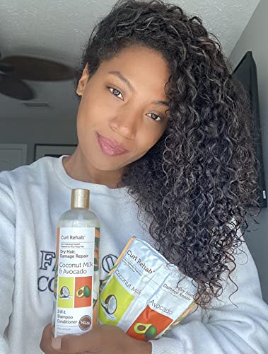 Curl Rehab Dry Hair/Damage Repair Treatment 2 in 1 Shampoo Conditioner (3 Pack), Enriched with Coconut Milk & Avocado, 16 Oz