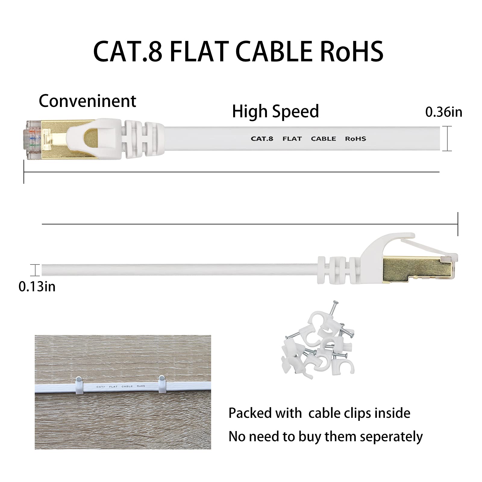 DEFACE Cat 8 Ethernet Cable 100 Ft White Flat 40Gbps High Speed Shielded RJ45 LAN Cable