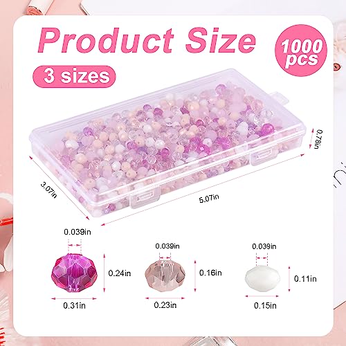 1000pcs Crystal Glass Beads Kit, 4/6/8mm Pink Loose Assorted Crystal Beads Sparkle Round Glass Beads with Holes for Jewelry Necklace Bracelet Making