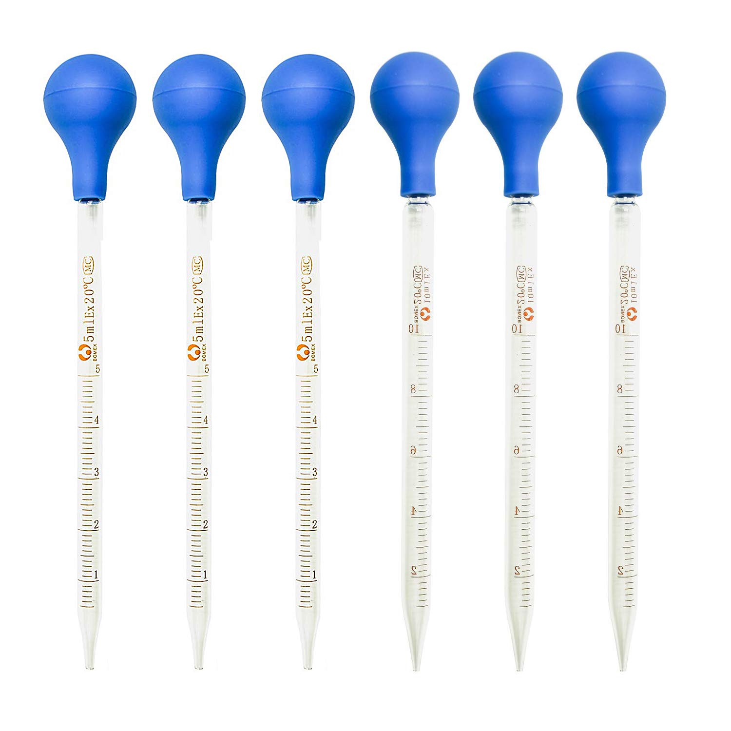6 Pieces Glass Pipette 3 x 5ml + 3 x 10ml Glass Graduated Pipette Droppers Lab Pipette Transfer for Liquid Essential Oil with 6 Rubber Caps