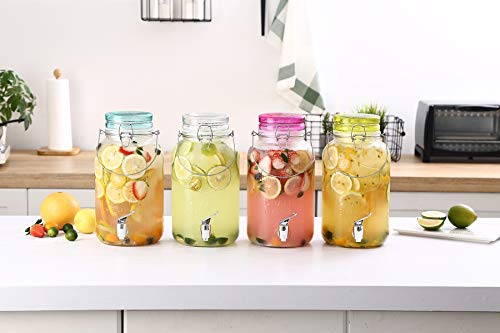 Emica Home 1 Gallon Cold Drink Glass Beverage Dispenser with Ice Infuser, Clear Bail & Trigger with Locking Clamp Drink Dispenser with Easy Flow Spigot for Outdoor, Parties and Daily Use