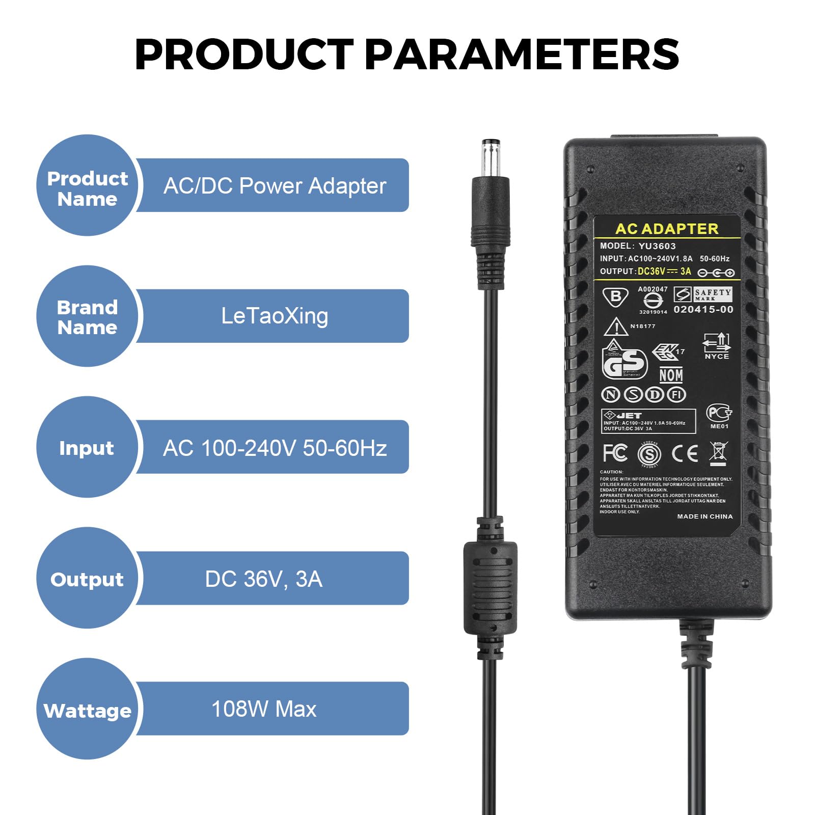 LeTaoXing 36V 3A Power Supply Adapter AC 100V~240V to DC 36 Volt Converter 108W 3amp 36 Vdc 36V/3A Transformer 5.5x2.5mm Plug for Engraver Printer Electric Drill LED Strip Light Water Pump