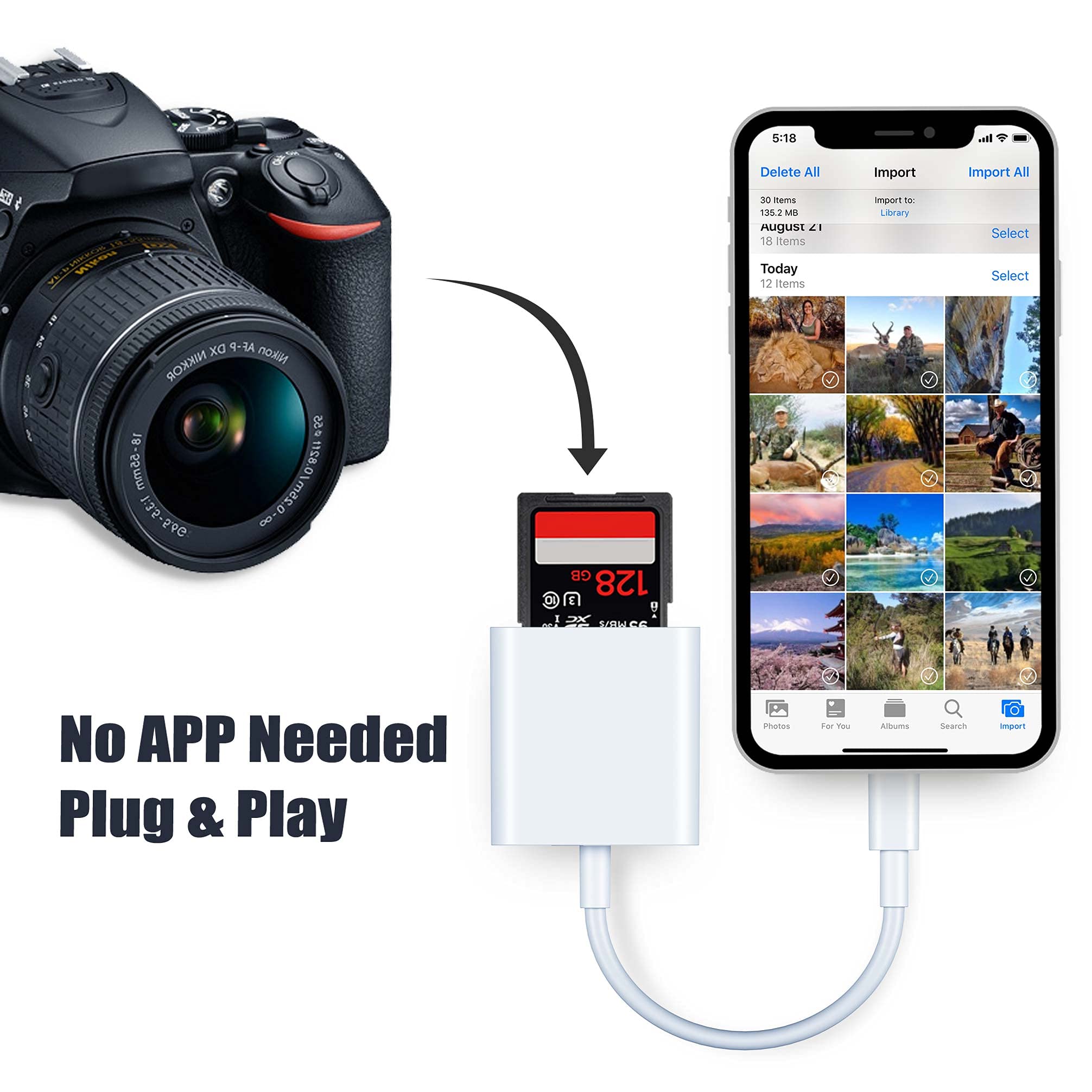 SD Card Reader for iPhone/iPad,PuavntView Micro SD Card Adapter,Memory SD Card Reader Trail Camera Viewer for iPhone iPad,Plug and Play