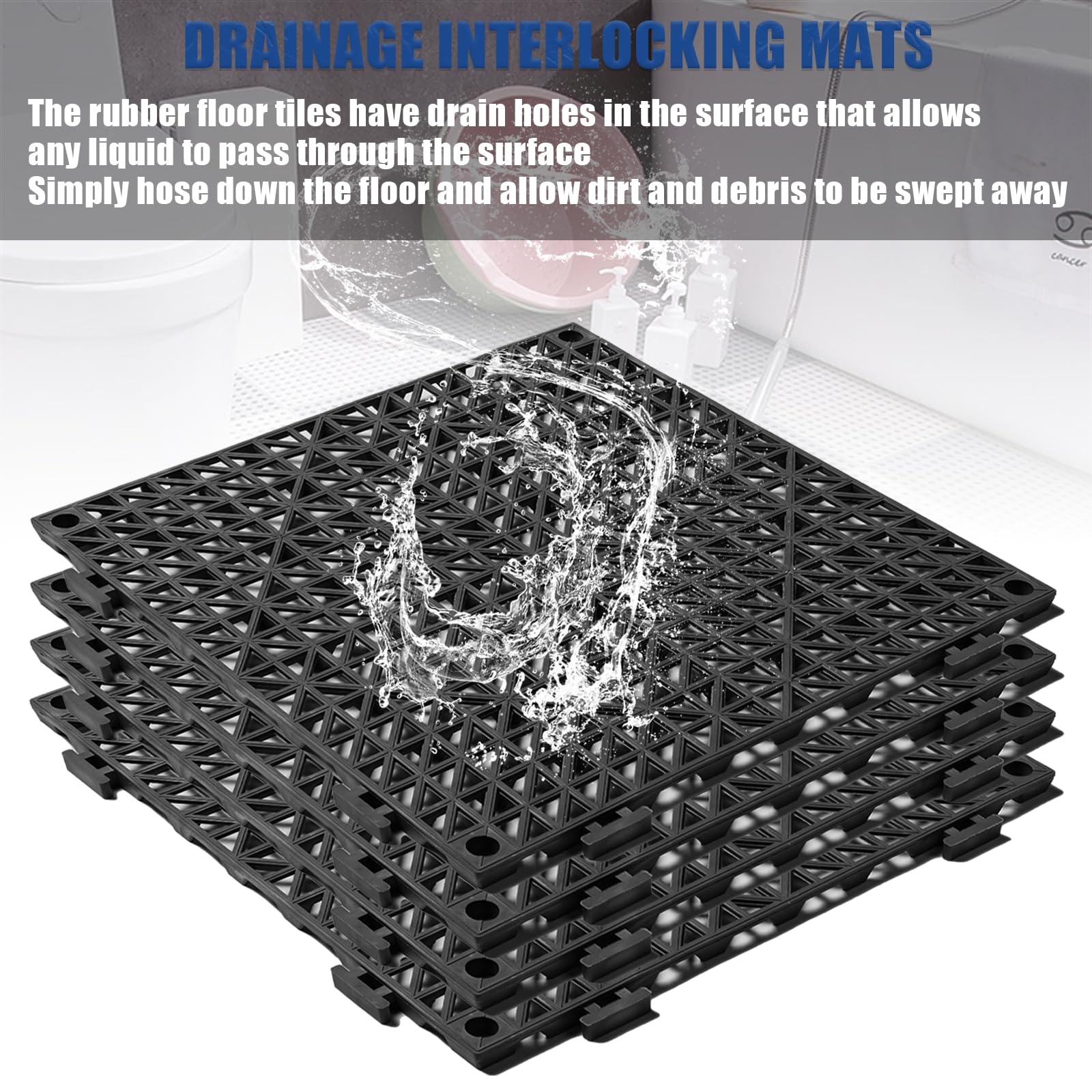 10Pack Modular Rubber Floor Tiles, 12” x 12” Non-Slip Rubber Drain Mats for Pool Hot Tub Flooring, Splicing Commercial Drainage Mat for Deck Swiming Pool Balcony Kitchen Shower Indoor