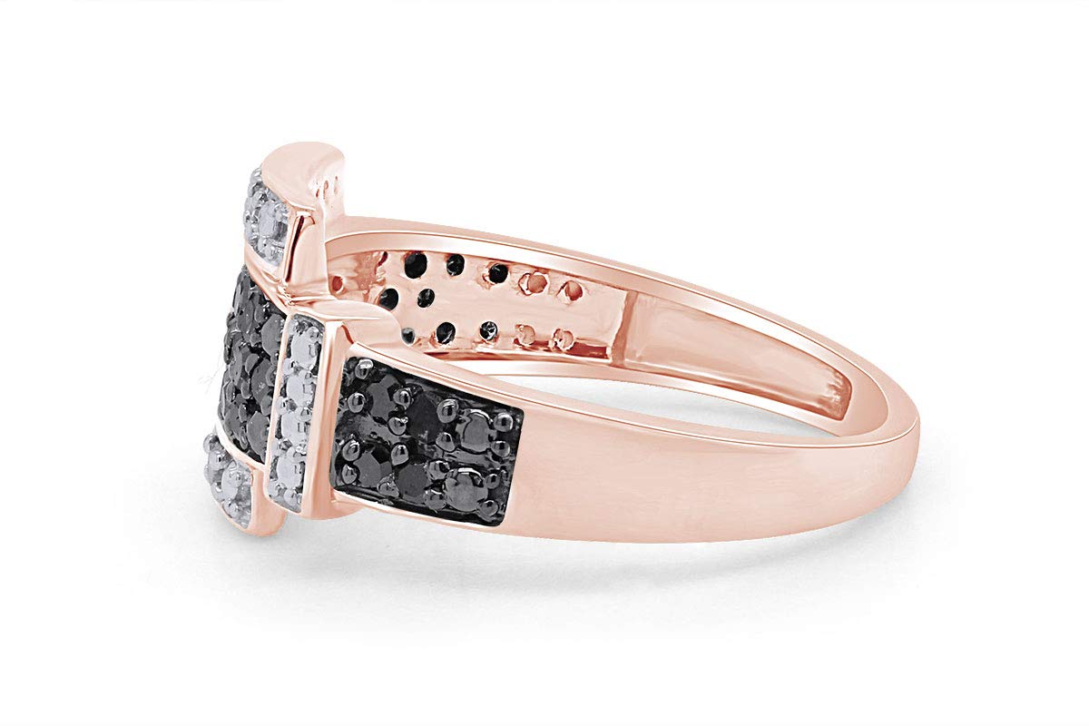 1/4 Carat Black & White Natural Diamond Anniversary Belt Buckle Ring In 14k Rose Gold Over Sterling Silver (0.25 Cttw) Ring Size-7.5