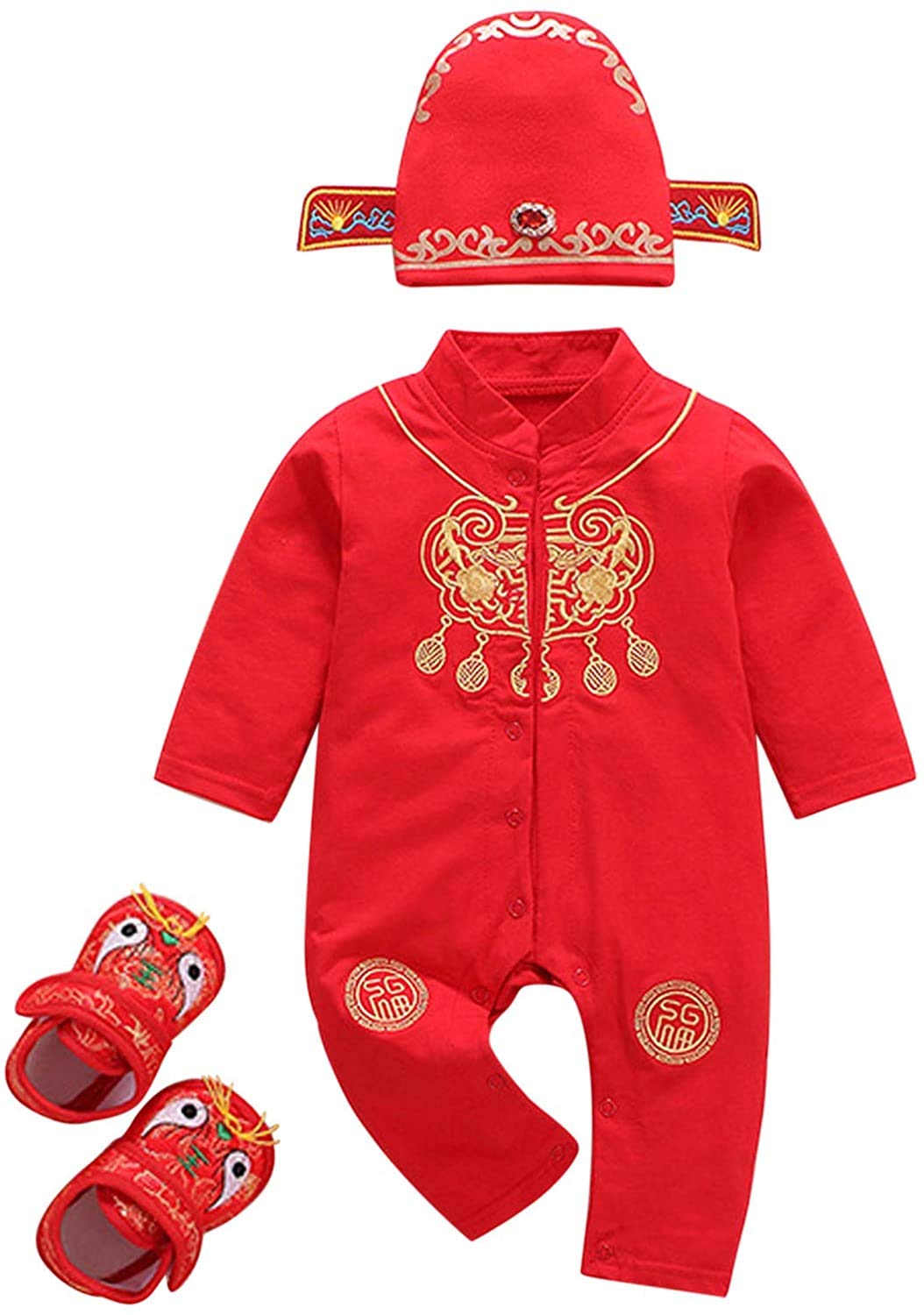 3PC Newborn Baby Girl Boy New Year Tang Suit Red Romper Bodysuit Hat Shoes Outfits (Red, 18-24 M)