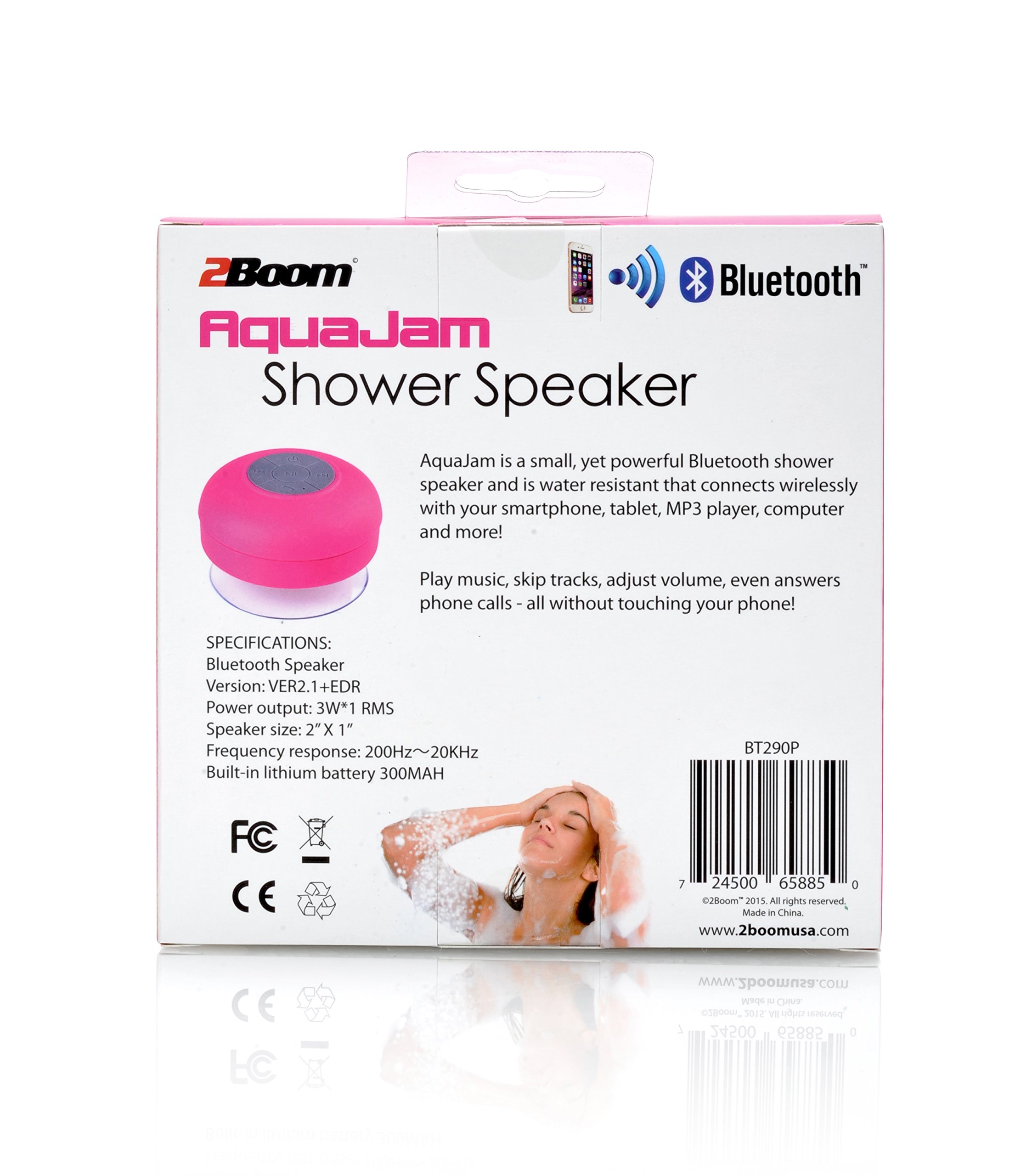 2BOOM Aqua Jam Portable Bluetooth Wireless Water Resistant Shower Speaker with Suction Cup Pink