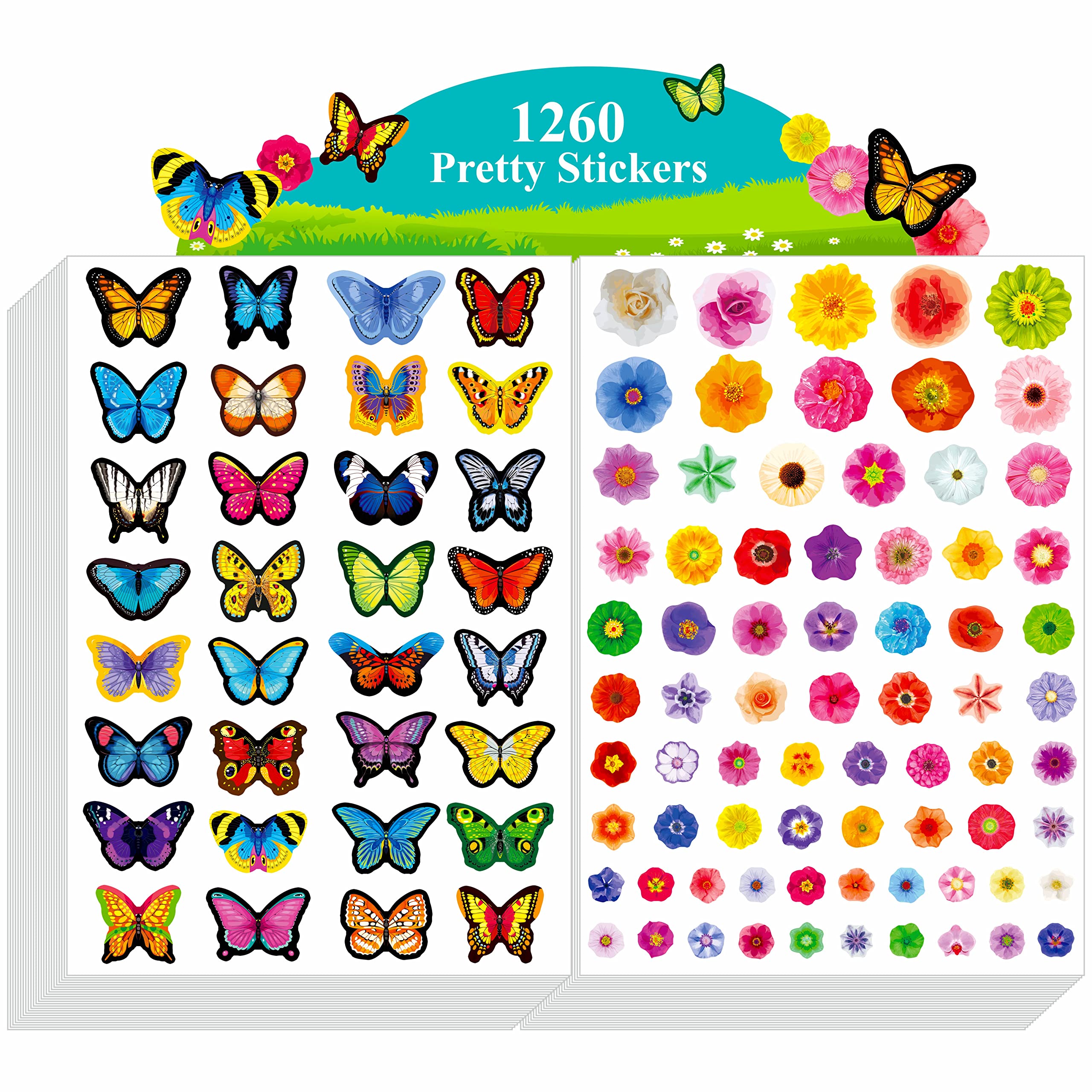 1260 PCS Butterfly & Flower Stickers, 24 Sheets Colorful Springtime Blossom Stickers Insect and Plant Stickers Spring Themed Party Supplies Decorations for Kids Teachers Classroom (Non White Edge)