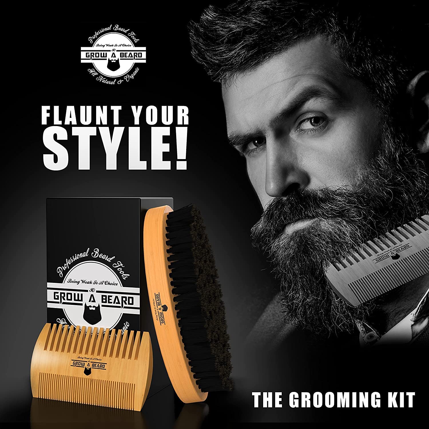Beard Straightener Grooming Kit for Men, Beard Growth Kit, Beard Wash, Brush & Comb, Unscented Growth Oil, All Natural Chanel Balm, Conditioner, Razor & Scissors, Great Gift Idea for Men's (Bamboo)