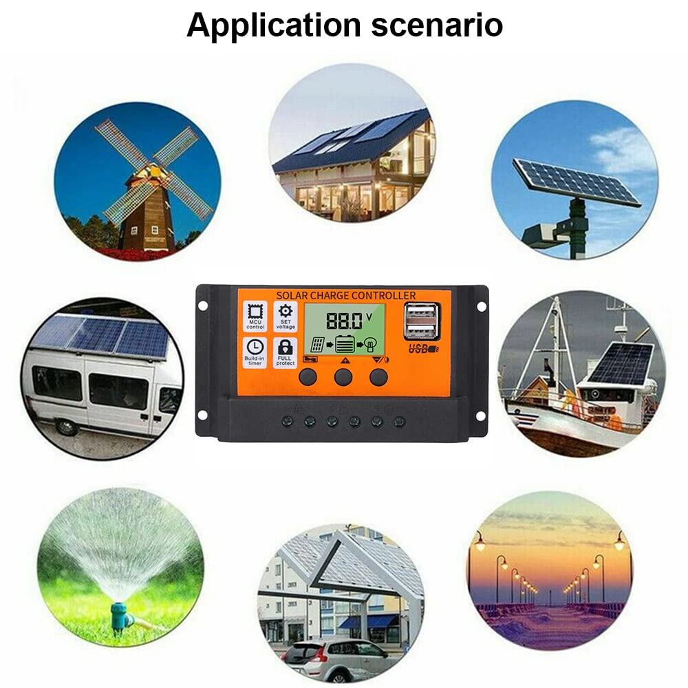 100A Solar Charge Controller, Solar Panel Battery Intelligent Regulator with Dual USB Port 12V/24V, Multi-Function Adjustable LCD Display Street Light Controller (Orange)