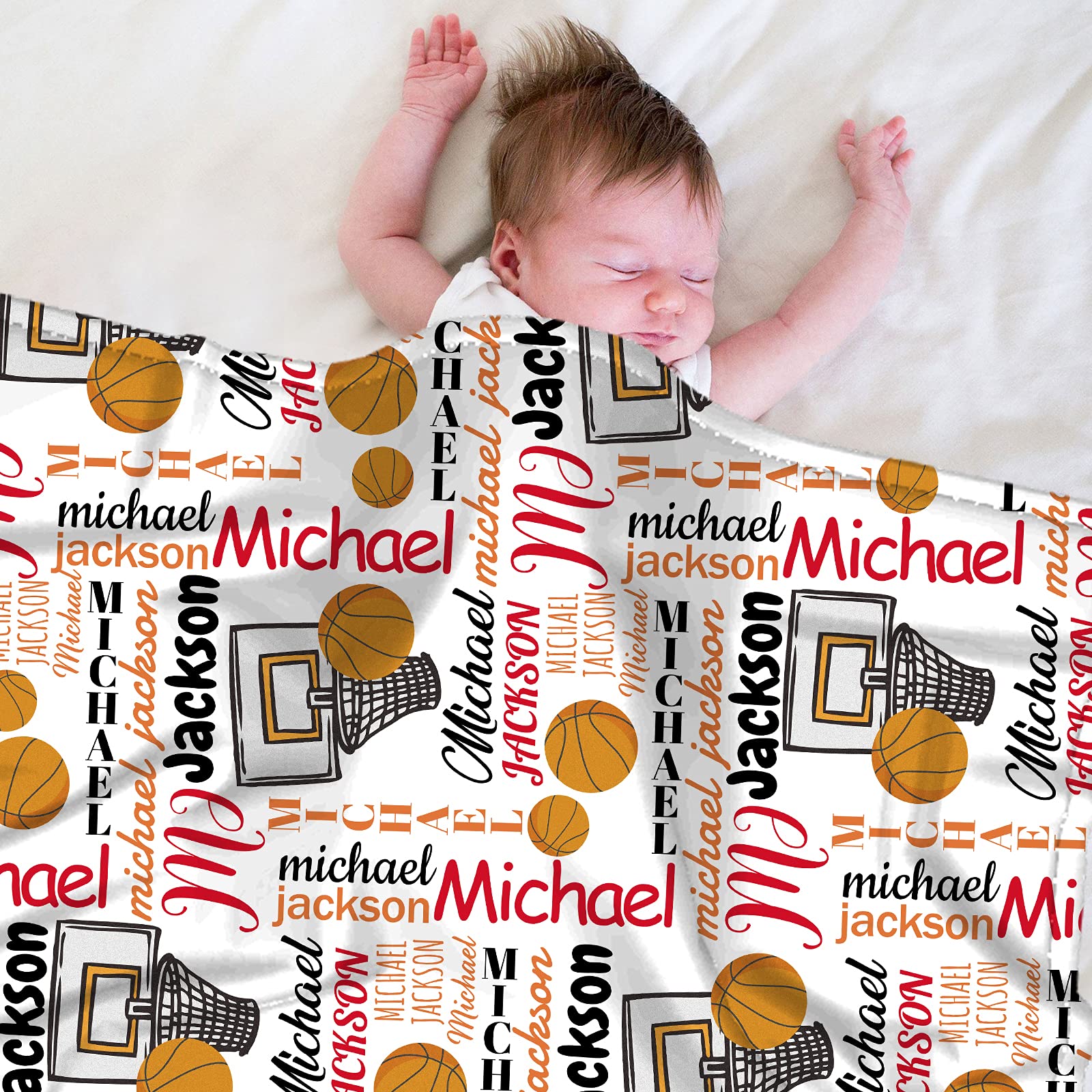 Munific Personalized Baby Blanket Gift - Basketball Blanket - Sports Basketball Personalized Baby Blanket - Custom Baby Name Monogrammed Blanket