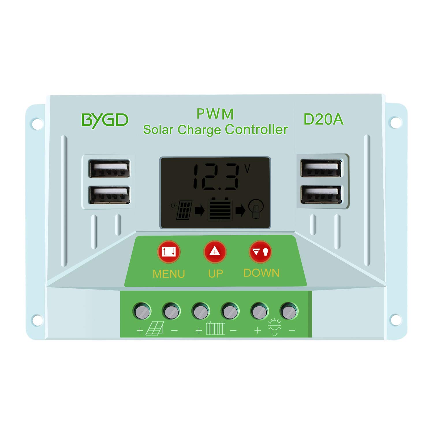 10A Solar Charge Controller, Solar Panel Charger Controller 12V/24V, Multi-Function Adjustable Parameter Backlight LCD Display with 4 USB Ports Timer Setting PWM Auto Parameter