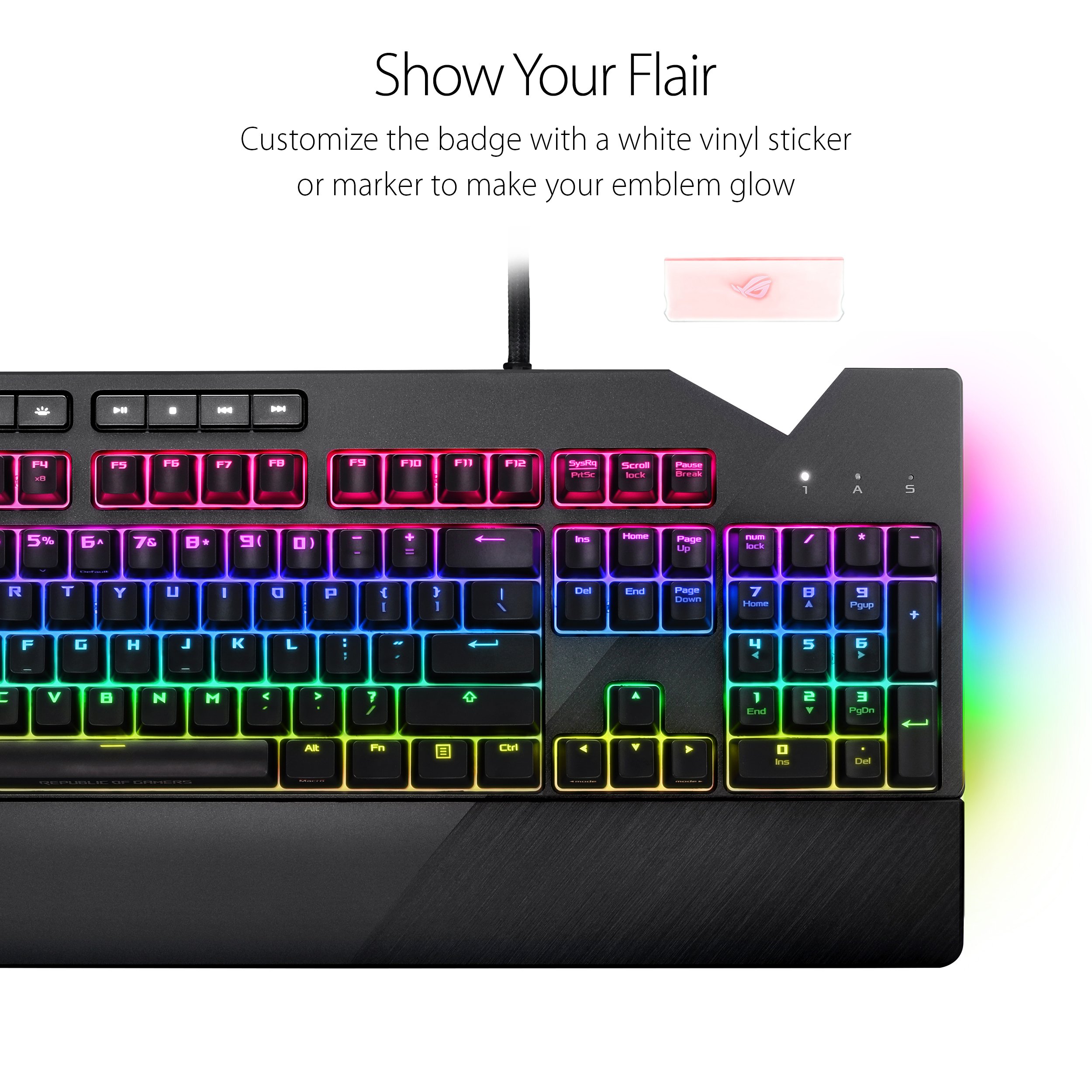 Asus ROG Strix Flare (CMB) Aura Sync RGB Mechanical Gaming Keyboard with (Cherry MX Blue) Switches, Customizable Badge, USB Pass Through and Media Controls (Renewed)