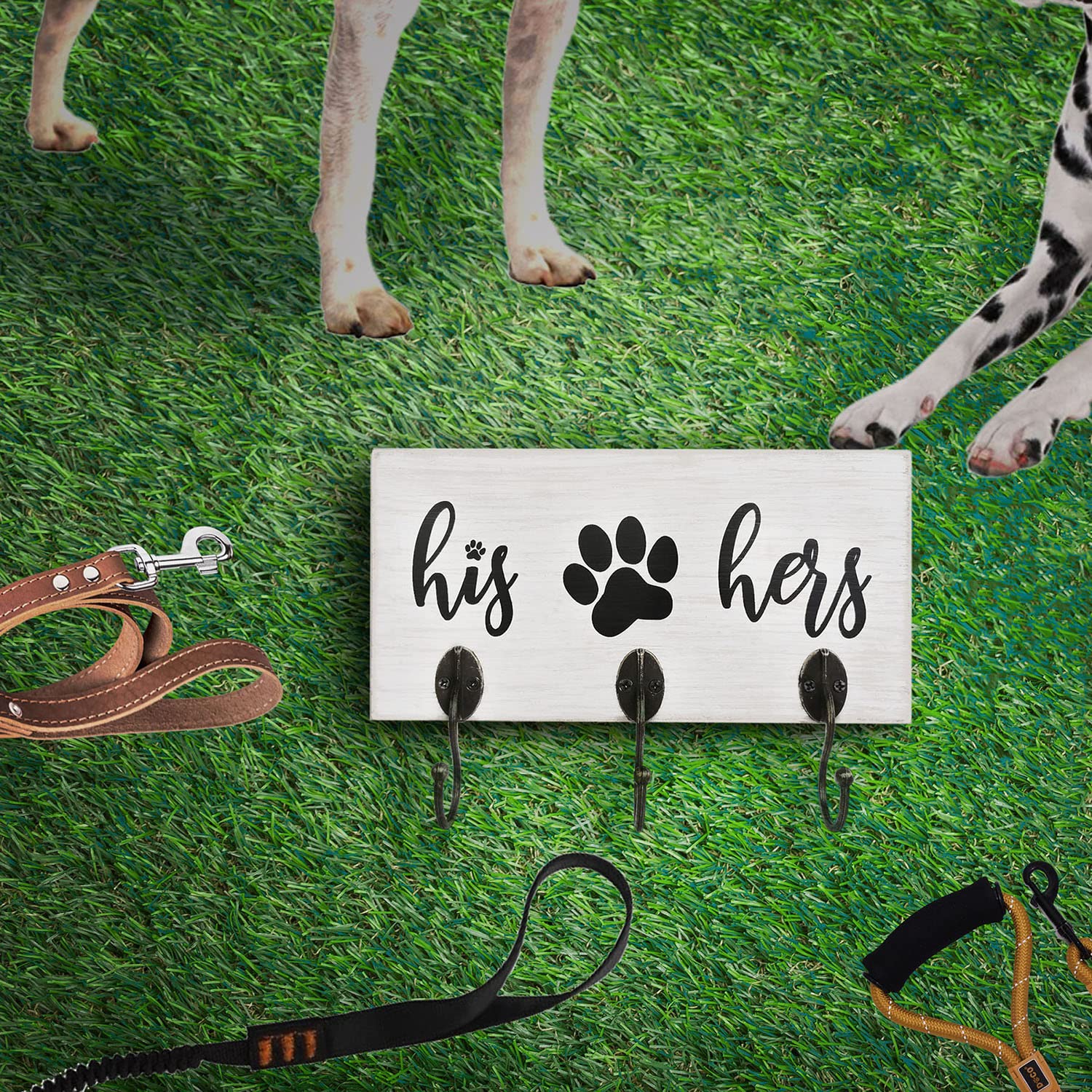 10 o'clock Decorative Key Holder & Dog Leash Hook Wall Mount for Entry Way, Kitchen, & Mudroom, His Hers & Paw Print Triple Hook, 10" x 5"
