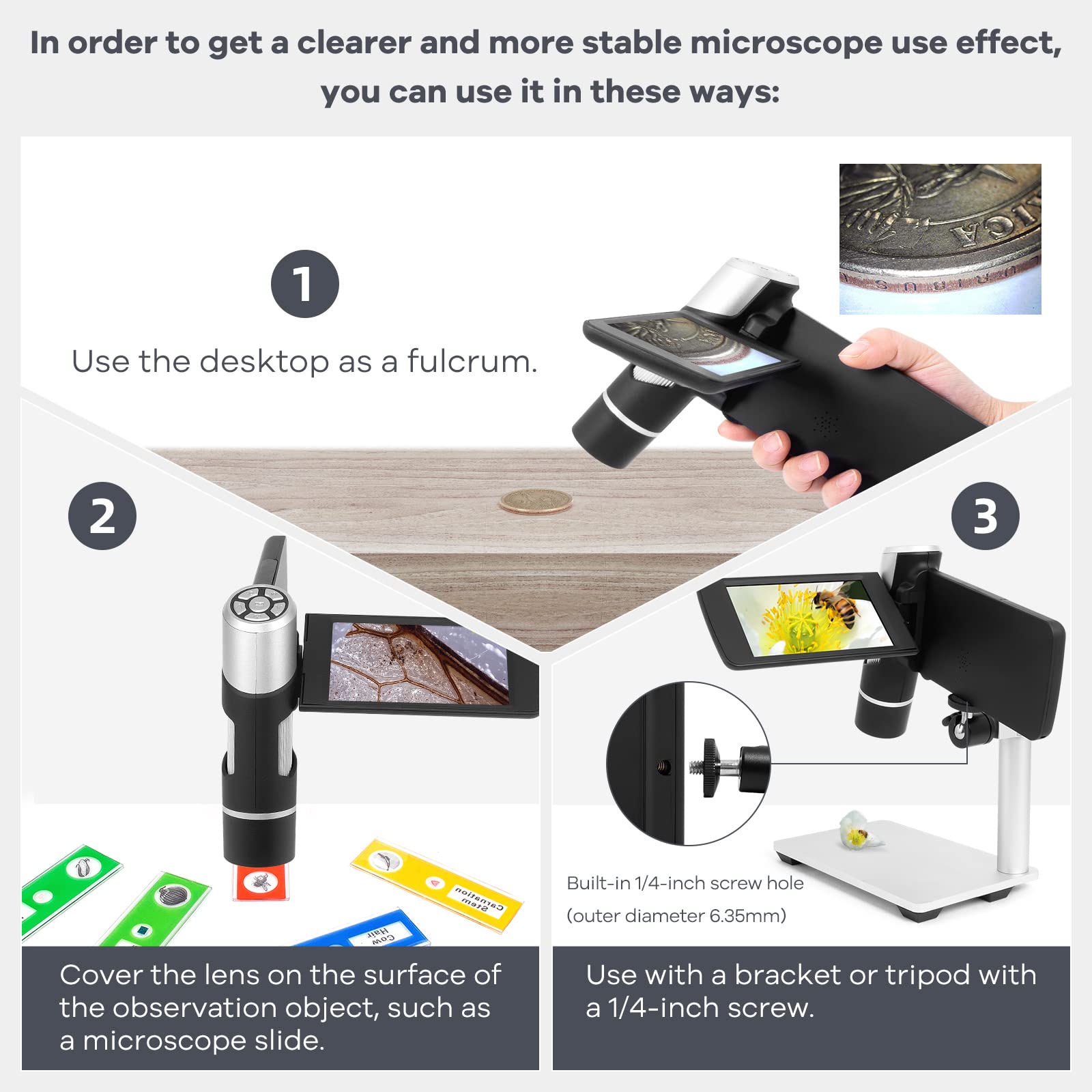 Andonstar AD203 Handheld Digital Microscope, Portable Pocket Microscope with 4 inch Screen for Kids and Adults, Black, Electronic FHD Video Microscope, Supports Windows Mac PC, USB Coin Microscope