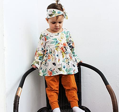 3PCS Baby Girl Clothes Ruffle Floral Shirt Tops Pants Headband Outfit Sets (Yellow, 9-12 Months)