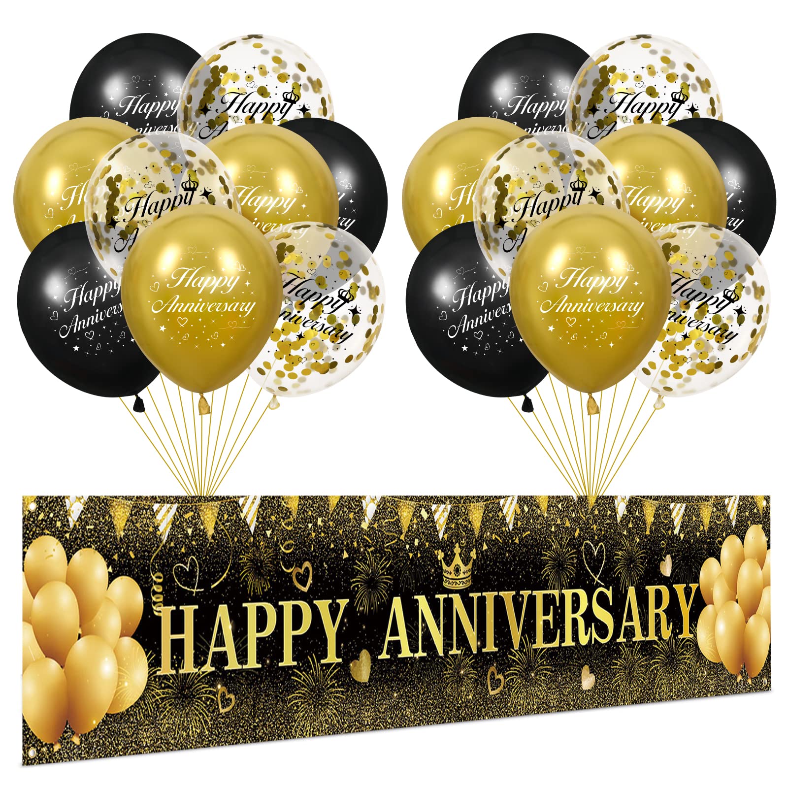 Black Gold Wedding Anniversary Decoration, Black Gold Happy Anniversary Yard Banner and 18Pcs Happy Anniversary Latex Balloons for Black Gold Wedding Anniversary Birthday Party Decorations