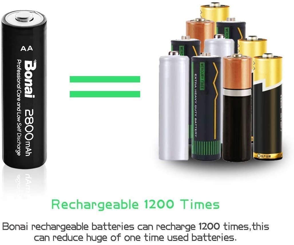 BONAI LCD Universal Battery Charger - Discharge Function - for Ni-MH Ni-CD AA, AAA, C, D, 9V Rechargeable Batteries with Rechargeable AA Batteries 2800mAh 1.2V Low Self Discharge (Pack of 8)