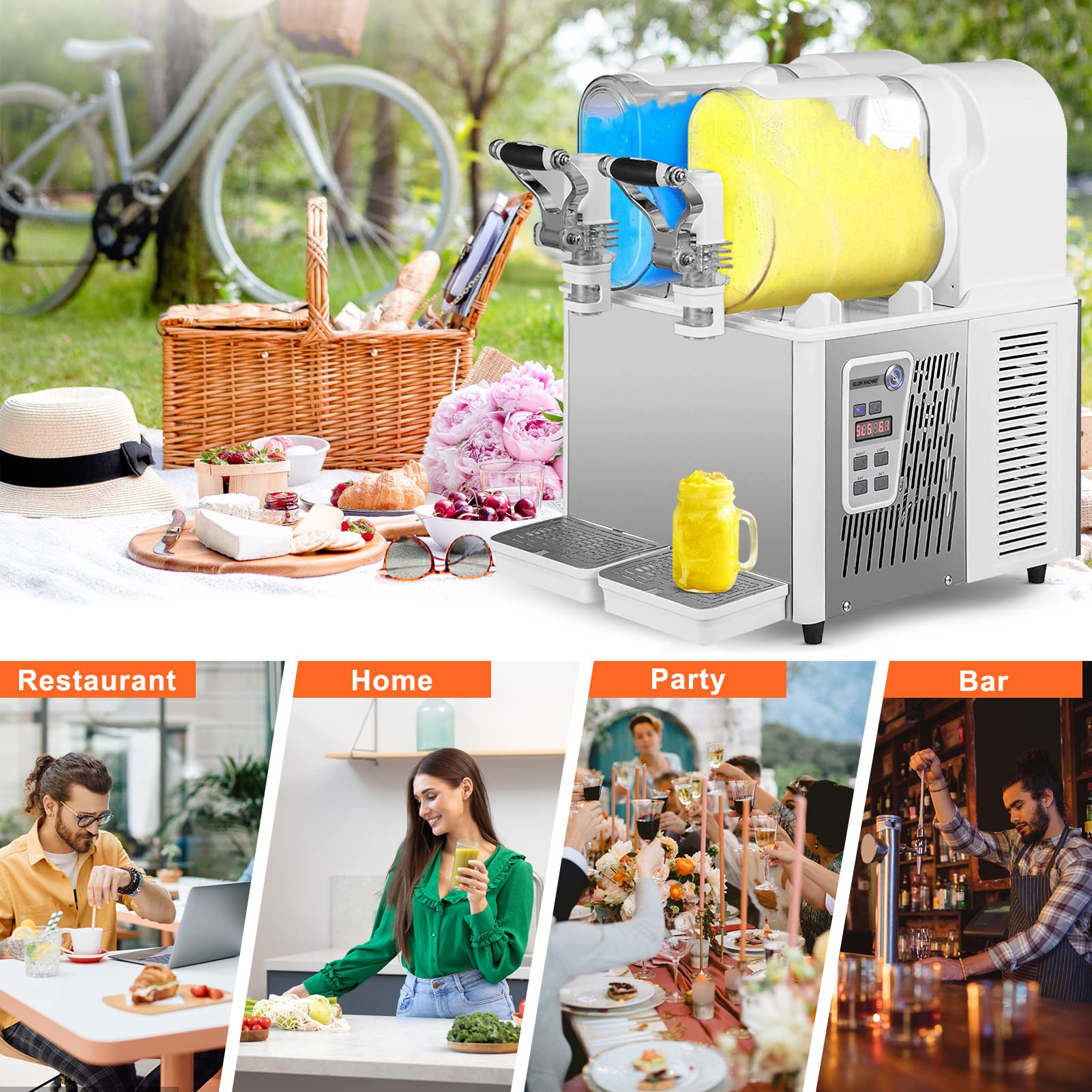 110V 340W Commercial Margarita Machine 2 Tank 6L, Efficient Cooling Commercial Slushy Machine Stainless Stee Frozen Drink Slush Machine for Home Cocktail Ice Coffee