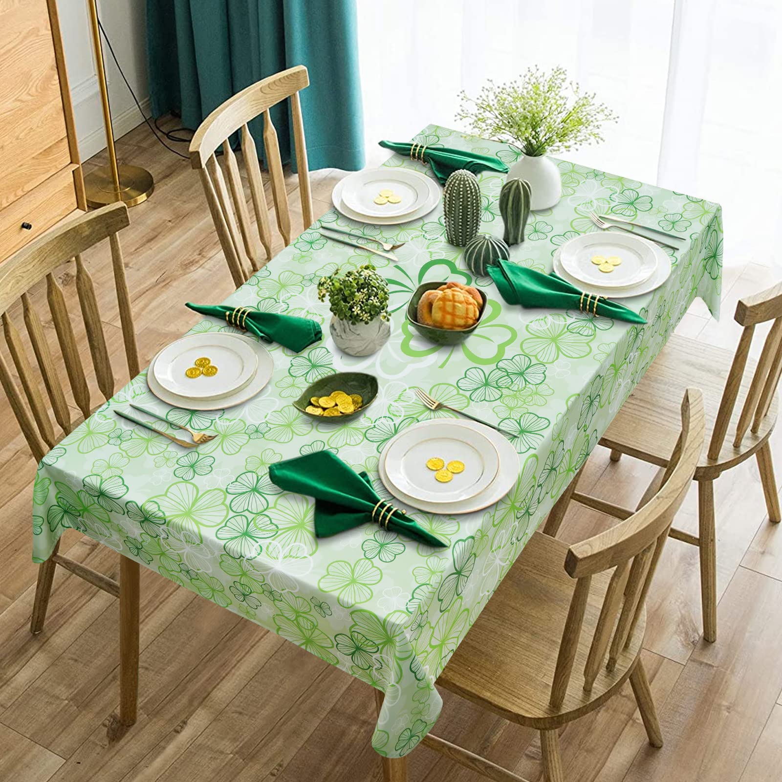 ASPMIZ St. Patrick’s Day Tablecloth, Lucky Shamrock Table Cloth, Green and White Tablecloths, Leaf Clovers Waterproof Tablecloth Rectangle for Dinner Party Decoration, 60 x 84 inch