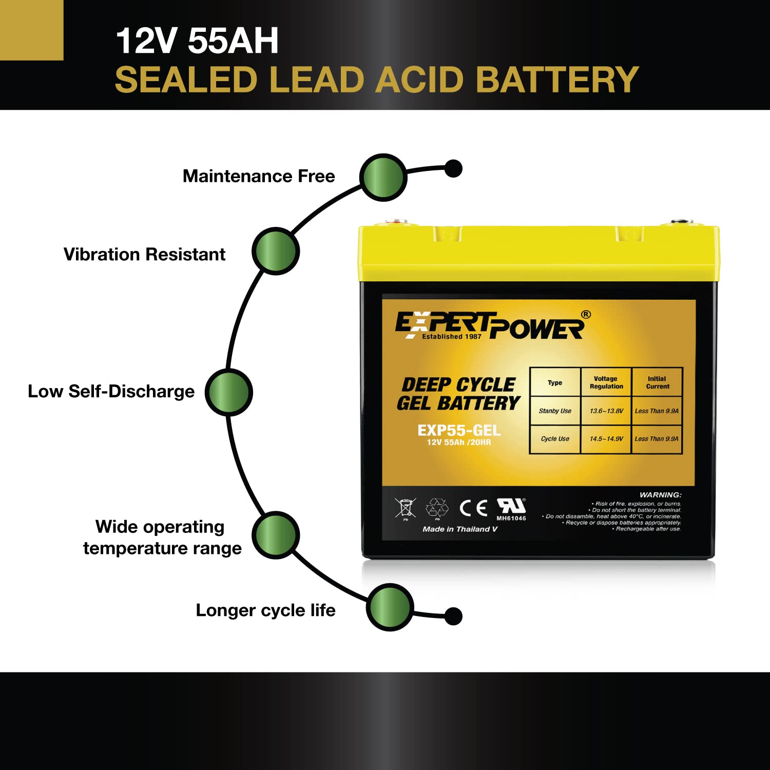 ExpertPower 12Volt 55AH Rechargeable Gel Battery