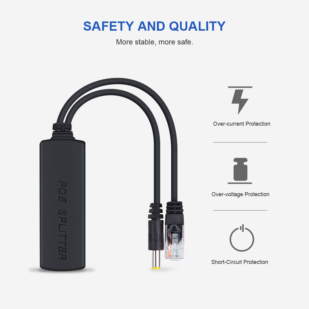 10Gtek POE Splitter Cable 100Mb/s 155Mb/s, 802.3AT/AF, 48V to 12V (PSE chip Inside), 100 Meters Link (2-Pack)