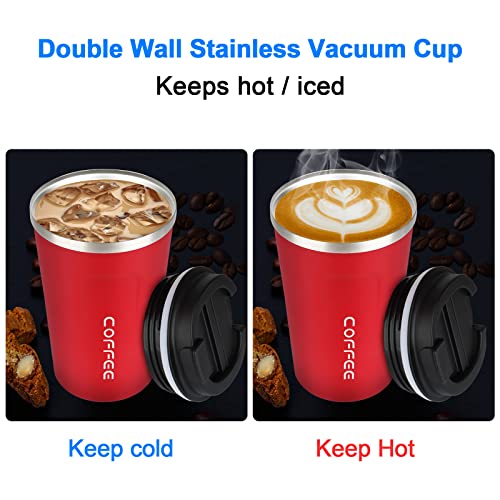 12 oz Stainless Steel Vacuum Insulated Tumbler - Coffee Travel Mug Spill Proof with Lid - Thermos Cup for Keep Hot/Ice Coffee,Tea and Beer (Red)