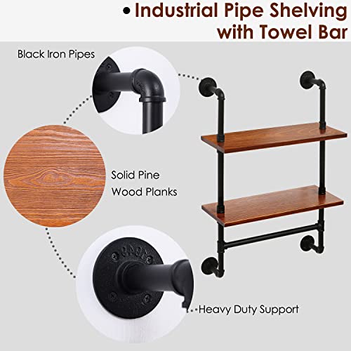 2 Tier Bathroom Floating Shelves with Industrial Pipe, 36 Inch Rustic Wood Wall Mounted Over Toilet Shelves with Towel Bar and Hooks, Wall Shelves for Bookshelf Kitchen Bar Living Room