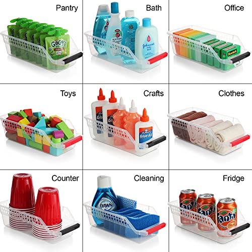 12 Pack - Multi-Purpose Shelf Baskets, Refrigerator Organizer Plastic Containers, Kitchen Pantry Cabinets Organization Bins, Clear