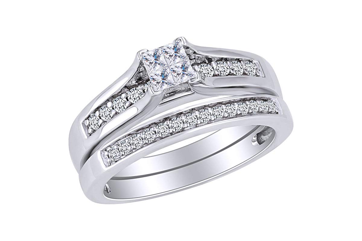 1/2 CT Princess/Round Natural Diamond Bridal Set Engagement Wedding Ring 14k Solid White Gold (I-J Color, I2-I3 Clarity, 0.50 Cttw) Ring Size-12
