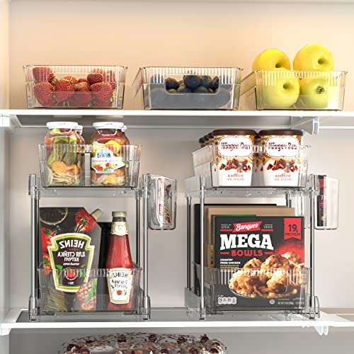 2 Tier Bathroom Organizer with Dividers,1 Set Clear Under Sink Organizers Storage Slide Out Bathroom Vanity Counter Storage Container with 4 Cups for Kitchen Pantry Cabinet Closet, Medicine Organizer