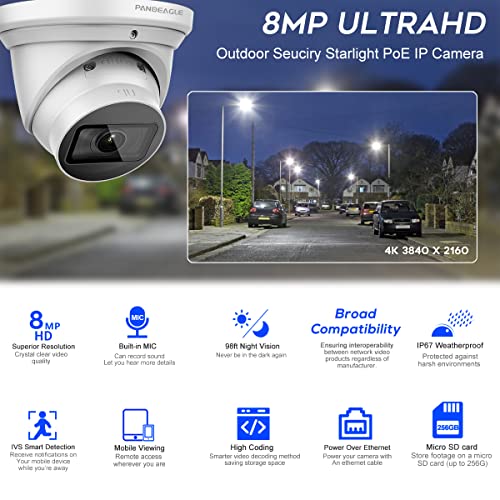PANOEAGLE Starlight 8MP POE IP Camera Turret, Outdoor 4K Security Camera with Human Vehicle Detection, Built-in Mic, SD Card Slot, 98ft IR Night Vision, 2.8mm Wide Angle Lens, IP67 Waterproof, IVS