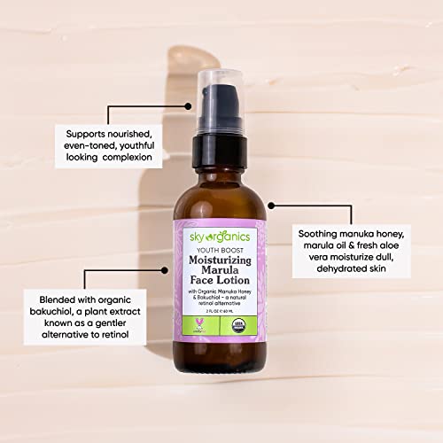 Sky Organics Youth Boost Moisturizing Marula Face Lotion for Face USDA Certified Organic to Moisturize, Nourish & Boost Glow, 2 fl. Oz