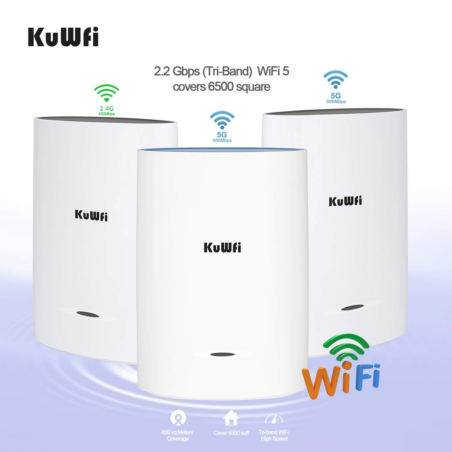KuWFi 3-Pack Tri-Band Whole Home Mesh WiFi System with AC2200 Speed Gigabit Mesh WiFi 5 Router & Extender Replacement Covers up to 6500 sq.ft Tri-Band WiFi Mesh +2 Node