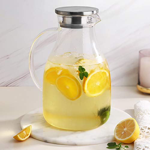 85 Ounces Glass Pitcher with Filter Lid/Water Carafe for Homemade Juice & Iced Tea,Stovetop SafeĀ Beverage Jug