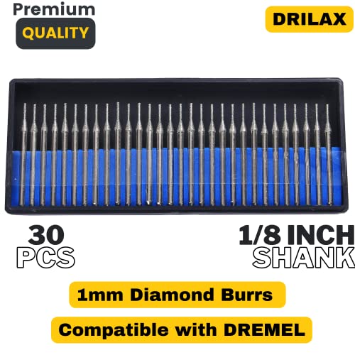 1mm Diamond Drill Bit Bur Set Jewelry Beach Sea Glass Shells Gemstones 1/24 Inch Tip Bur 1/8 inch Shank Dremel Compatible Burr Lapidary 30 Pieces in Case Gems Natural Stones Drilling 1 mm
