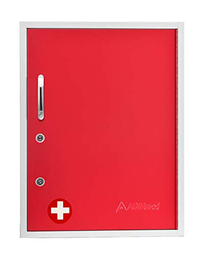 AdirMed Medicine Cabinet with Pull-Out Shelf & Document Pocket - Large Dual Lock Wall Mounted Steel Medical Organizer - Secure Storage for Medicine First Aid and Emergency Kit (Red)