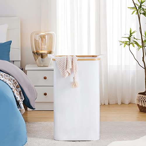 100L Large Laundry Hamper with Lid and Liner Bag, 27.6" Tall Laundry Basket with Handle, Waterproof and Collapsible Cloth Hamper for Bedroom and Bathroom, White