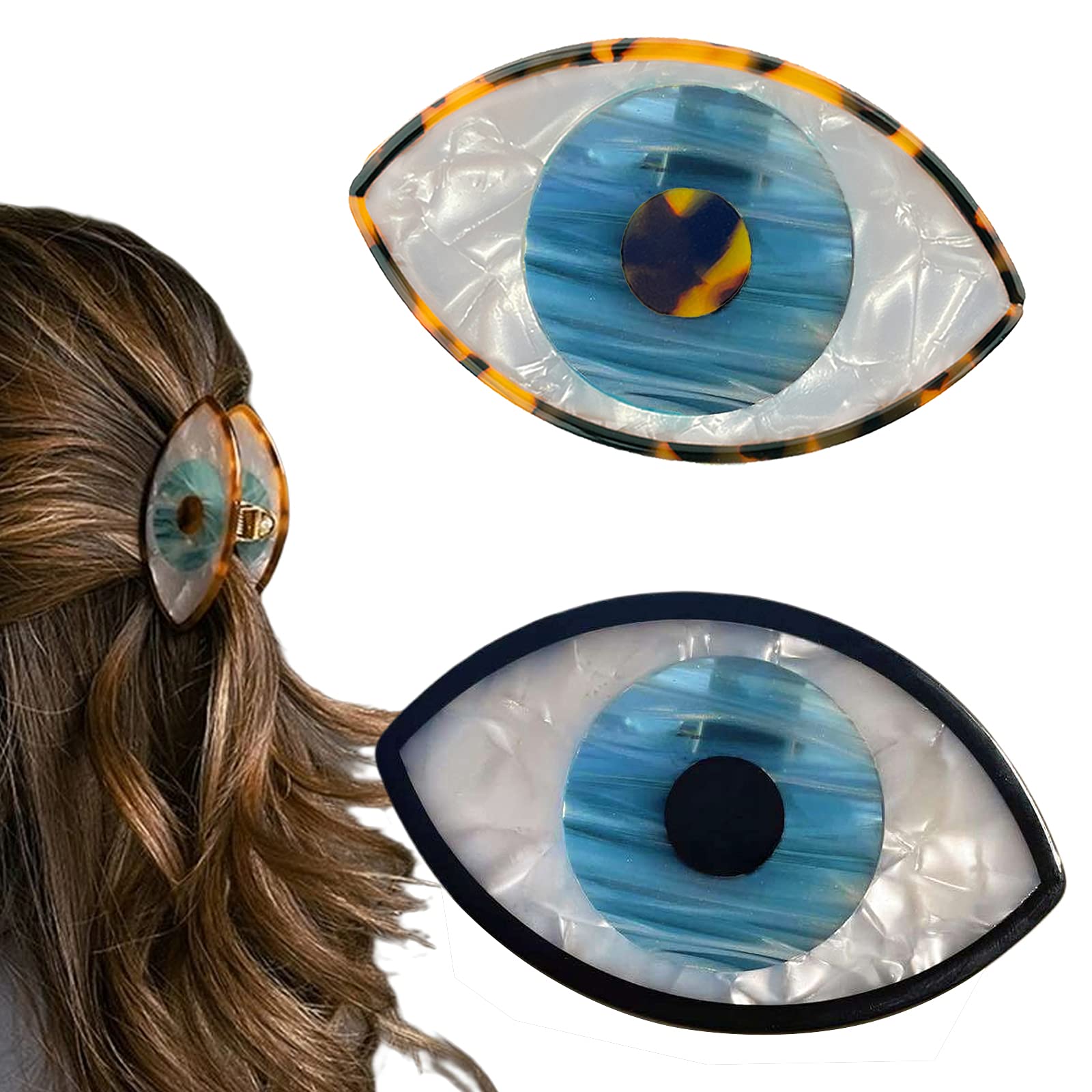 YOSOMK 3" Retro Blue Eye Hair Claw Clips - Non-slip Small Hair Accessories for Women With Unique Design and Stitching Color for Thick and Thin Hair