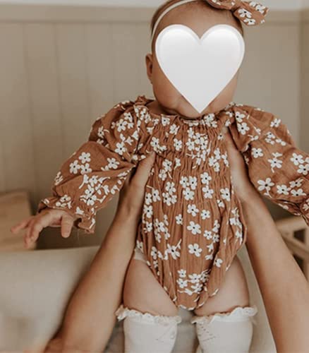 2pcs Infant Baby Girls Romper Headband 0-24M Ruffles Long Sleeve Off Shoulder Flowers Printed Sweet Jumpsuit (Brown, 0-6 Months)