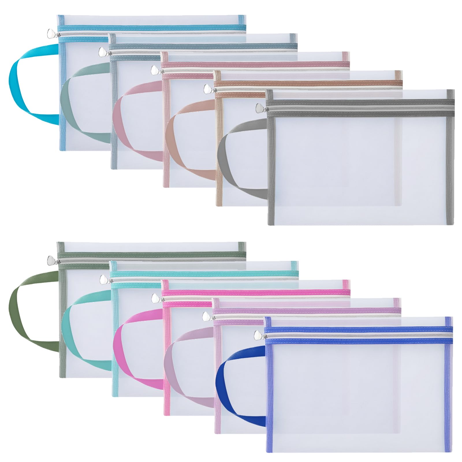 10 Pack Colored Breathable Mesh Zipper Pouch Bags, Large Nylon Toy Storage & Organization Nets with Handle and Zipper, Hangable Visible Puzzle A4 Zipper Pouch for Cross Stitch (10PCS, 1-laye)