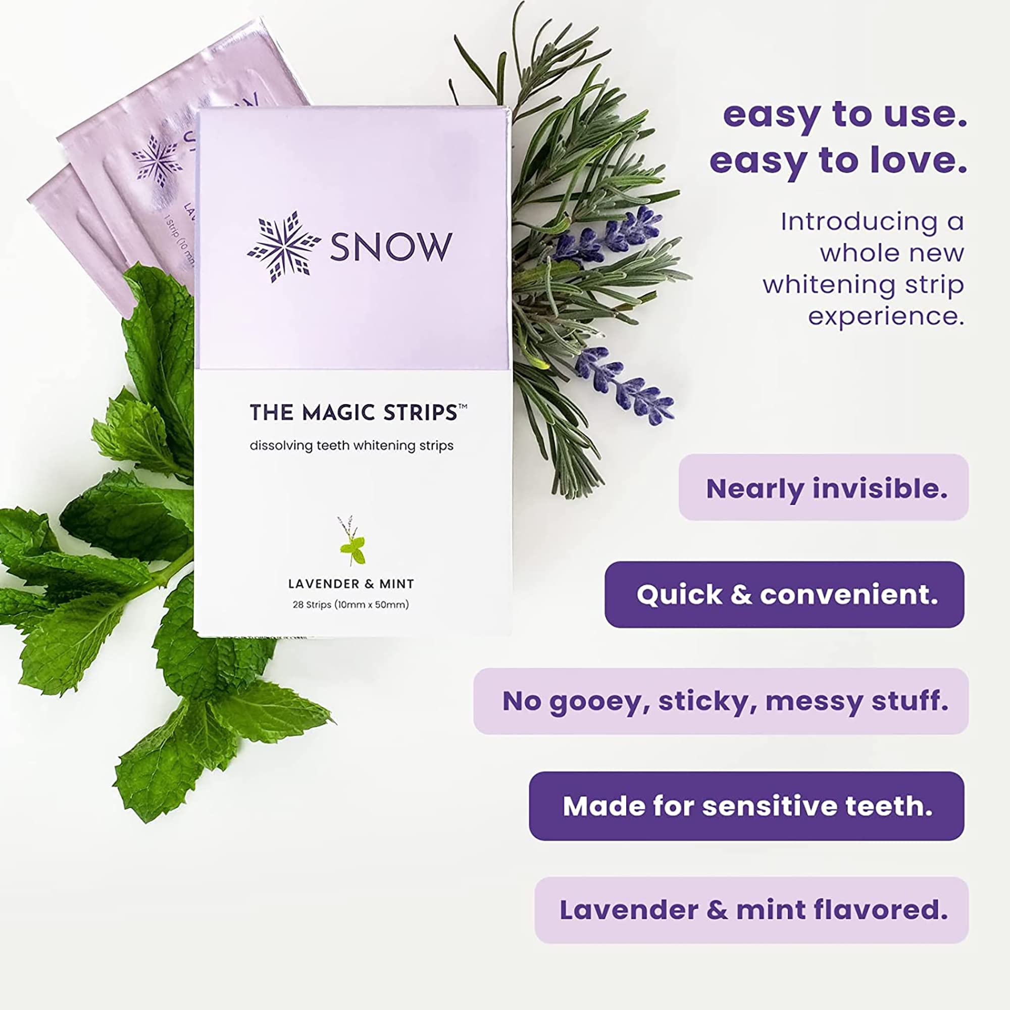 Snow The Magic Strips - Safe for Enamel Dissolving Teeth Whitening Strips - Mess-Free Portable Teeth Whitener for Oral Care with Lavender & Mint Flavor, Whitening Strips for Teeth, 1 Pack of 28 Strips