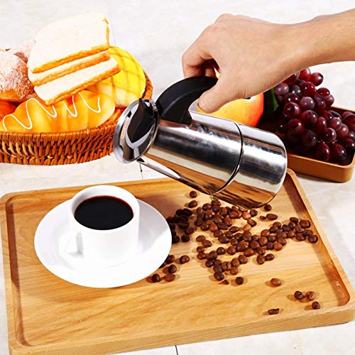 100ml/200ml/300ml/450ml Stainless Steel Moka Pot Espresso Greca coffee maker for Induction gas or electric Stove Home Office Use Silver(200ml)