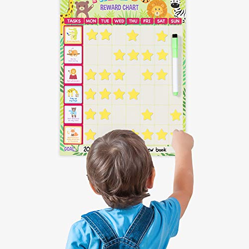 Navaris Kids Magnetic Reward Chart - Behavior Rewards Weekly Bedtime Chore Home Planner for Children - with Stars, Activity Magnets, Pen - Zoo Design