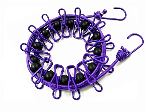 Adjustable Elastic Clothesline with Clips and Positioning Balls Portable Retractable Windproof Laundry Hanging Rope for Travel Camping Indoor Use Anti-Skid Washing Line with Drawstring Bag Purple