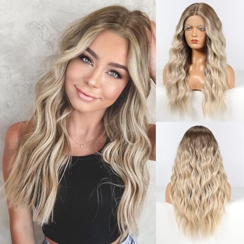 EMMOR Long Ombre Blonde Lace Front Wig for Women,25 Inch Natural Wavy Daily Hair Synthetic Lace Wigs Middle Part,Hand Tied/Longlife/Lightweight