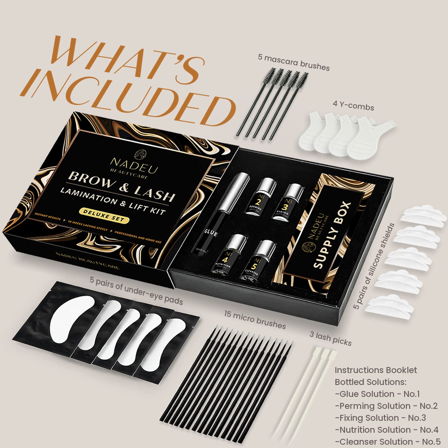 Nadeu Beautycare Eyebrow Lamination Kit & Lash Lift Kit Deluxe Set - Includes Beauty Brushes & Tools - Fuller Feathered Eyebrows & Curled Lashes - DIY at Home for Gorgeous Lifted Lashes & Trendy Brows